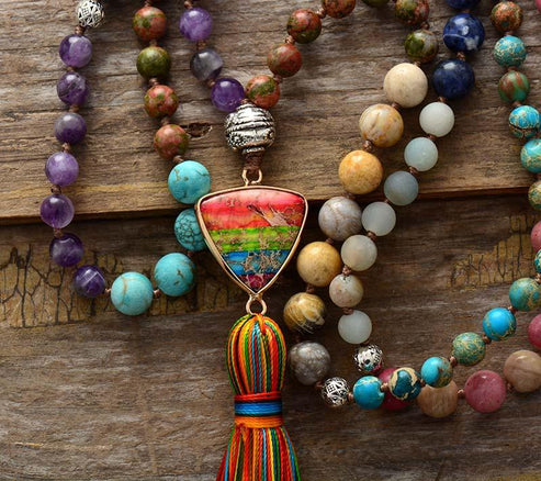 Boho Colourful Natural Stone Necklace with Tassels – The Burner Shop